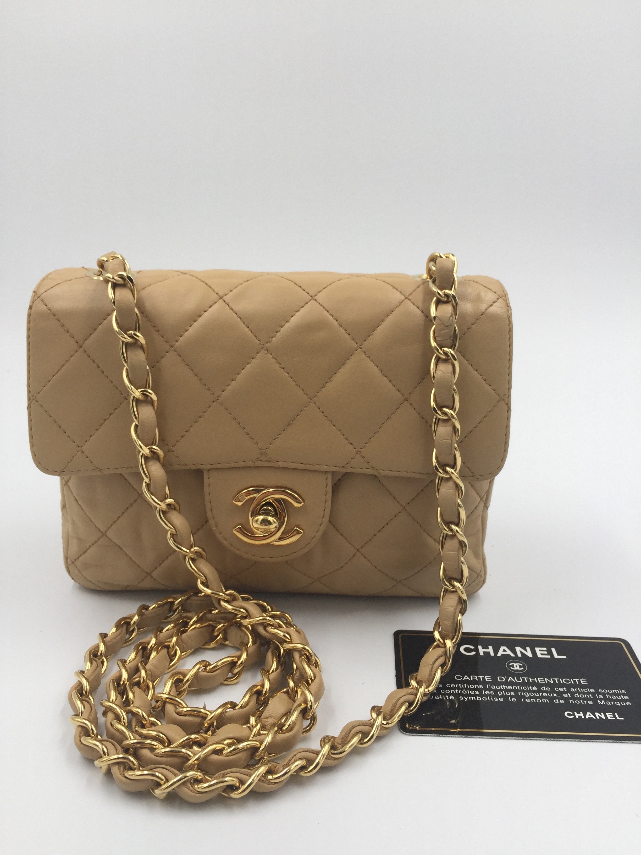 Sold-CHANEL Classic Lambskin Chain Single Mini Square Flap bag Beige ...